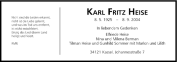 Traueranzeigen von Karl Fritz Heise | Trauer.HNA.de