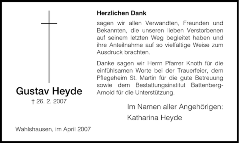 Traueranzeigen von Gustav Heyde | Trauer.HNA.de