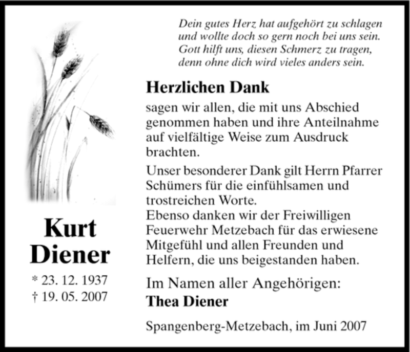 Traueranzeigen von Kurt Diener | Trauer.HNA.de
