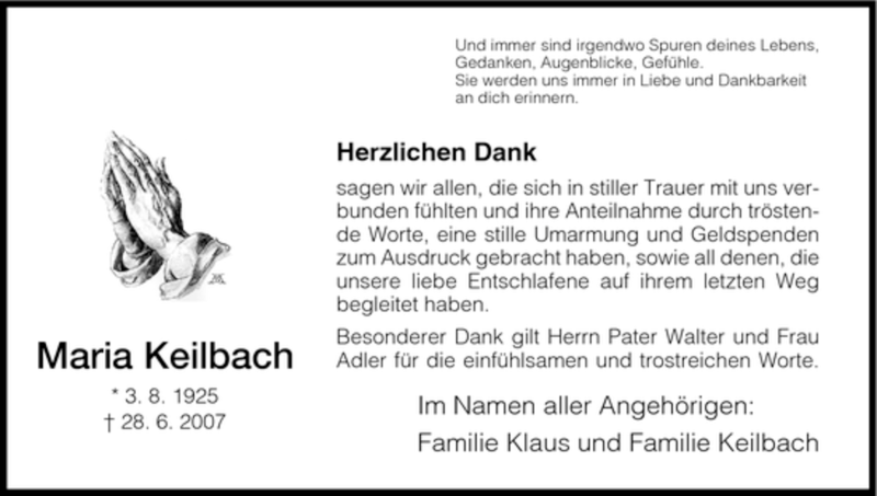 Traueranzeigen von Maria Keilbach | Trauer.HNA.de
