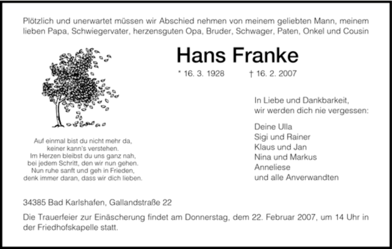 Traueranzeigen von Hans Franke | Trauer.HNA.de