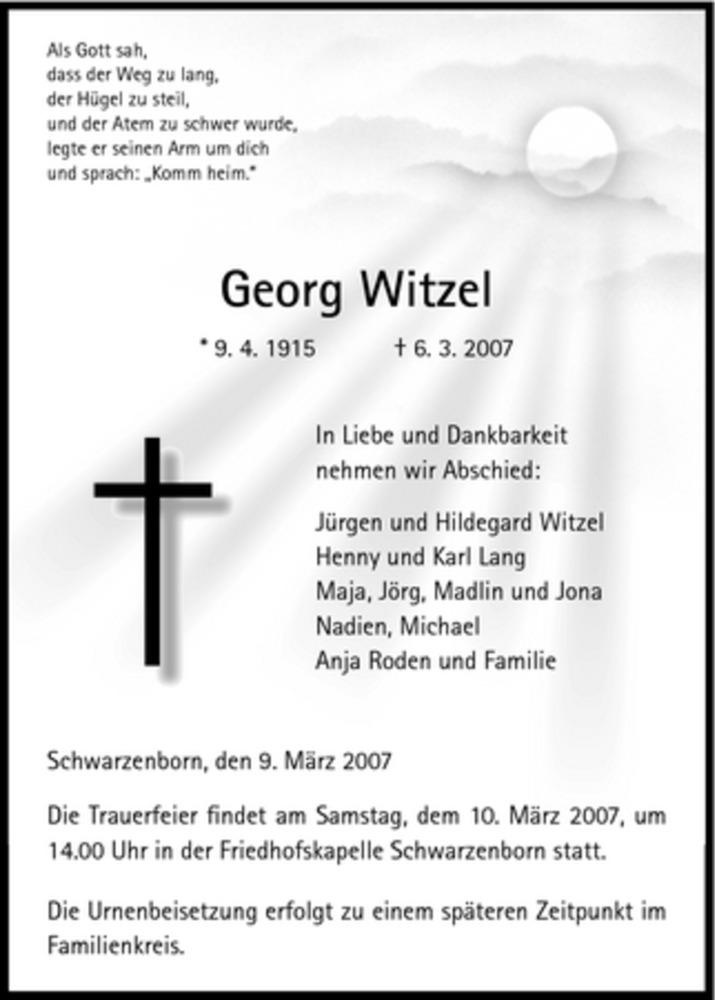 Traueranzeigen von Georg Witzel | Trauer.HNA.de