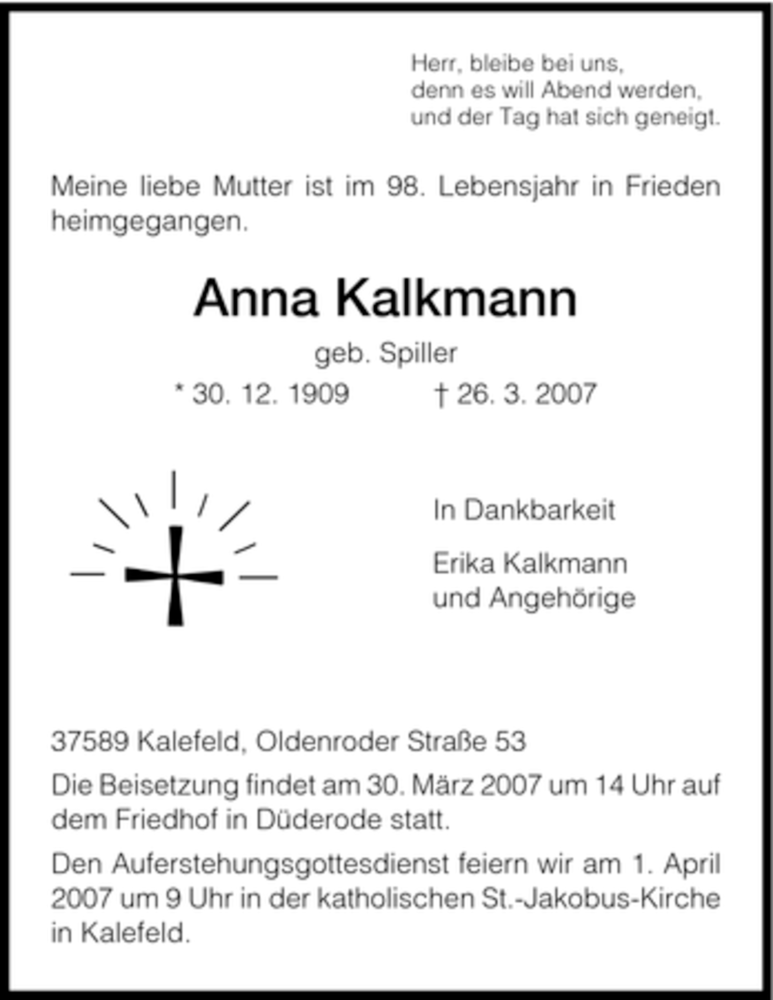 Traueranzeigen von Anna Kalkmann | Trauer.HNA.de