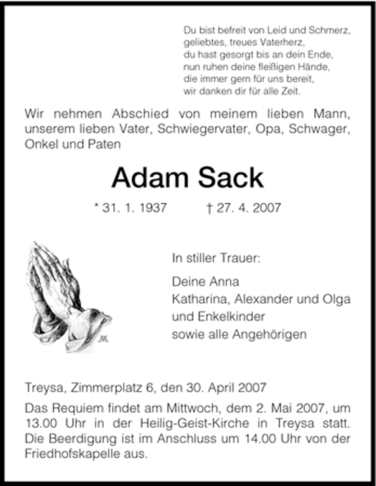 Traueranzeigen von Adam Sack | Trauer.HNA.de