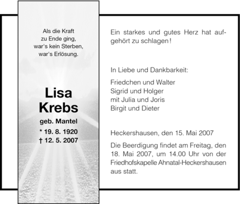Traueranzeigen von Lisa Krebs | Trauer.HNA.de