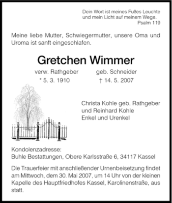 Traueranzeigen von Gretchen Wimmer | Trauer.HNA.de
