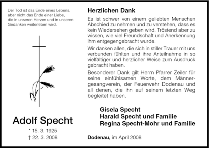 Traueranzeigen von Adolf Specht | Trauer.HNA.de