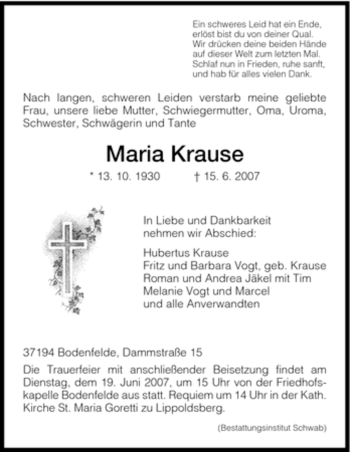 Traueranzeigen von Maria Krause | Trauer.HNA.de