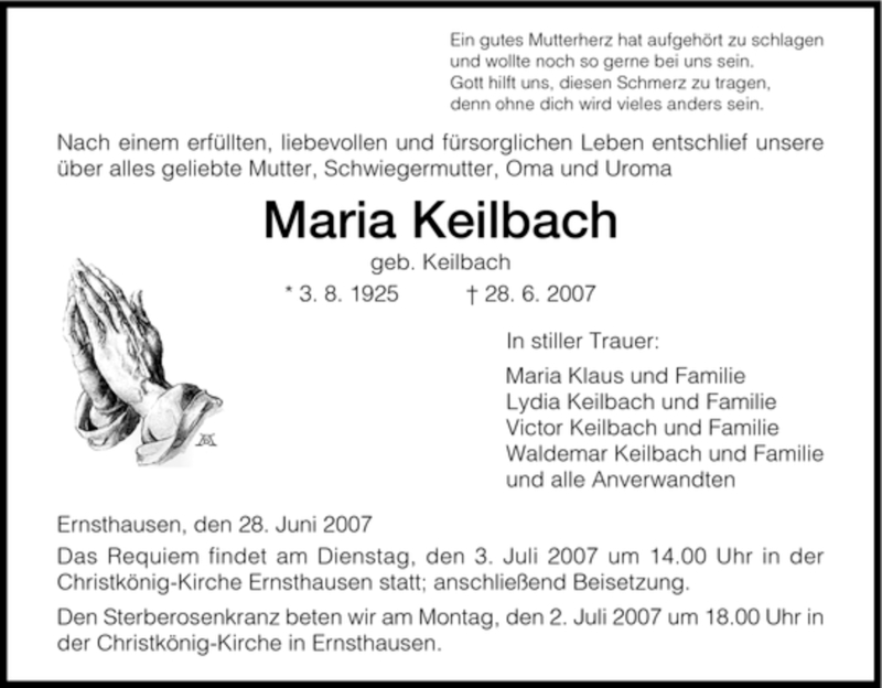 Traueranzeigen von Maria Keilbach | Trauer.HNA.de