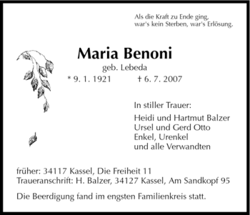 Traueranzeigen von Maria Benoni | Trauer.HNA.de