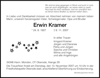 Traueranzeigen von Erwin Kramer | Trauer.HNA.de