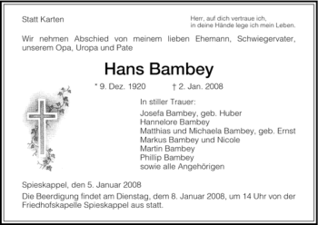 Traueranzeigen von Hans Bambey | Trauer.HNA.de