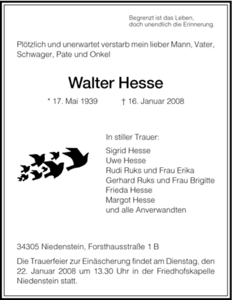 Traueranzeigen von Walter Hesse | Trauer.HNA.de