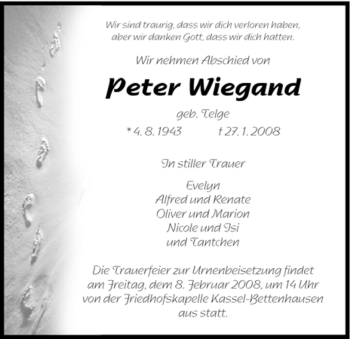 Traueranzeigen von Peter Wiegand | Trauer.HNA.de