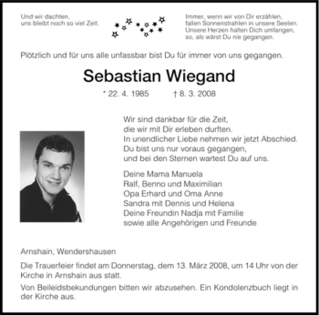 Traueranzeigen von Sebastian Wiegand | Trauer.HNA.de