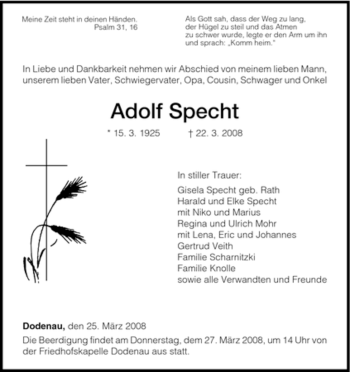 Traueranzeigen von Adolf Specht | Trauer.HNA.de