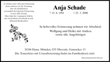Traueranzeigen von Anja Schade | Trauer.HNA.de
