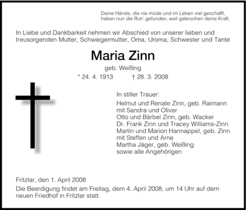 Traueranzeigen von Maria Zinn | Trauer.HNA.de