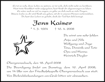 Traueranzeigen von Jens Kaiser | Trauer.HNA.de
