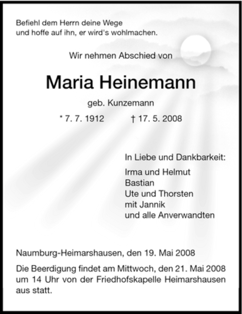 Traueranzeigen von Maria Heinemann | Trauer.HNA.de