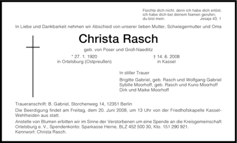 Traueranzeigen von Christa Rasch | Trauer.HNA.de