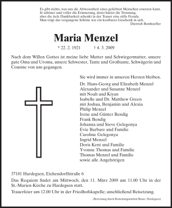Traueranzeigen von Maria Menzel | Trauer.HNA.de
