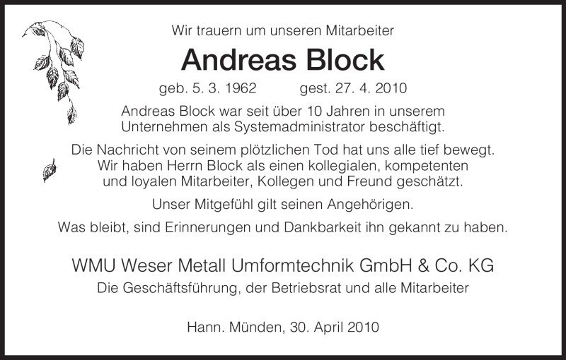 Traueranzeigen von Andreas Block | Trauer.HNA.de