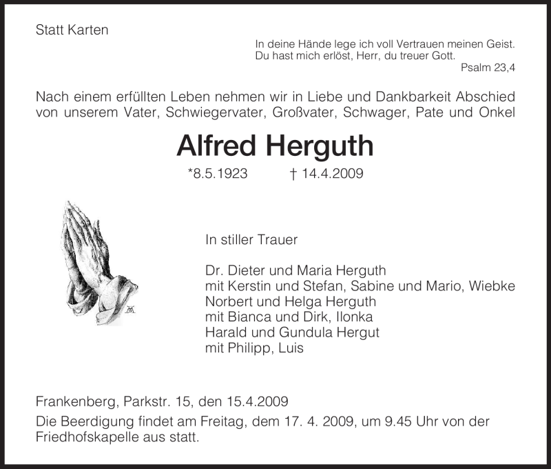 Traueranzeigen von Alfred Herguth | Trauer.HNA.de