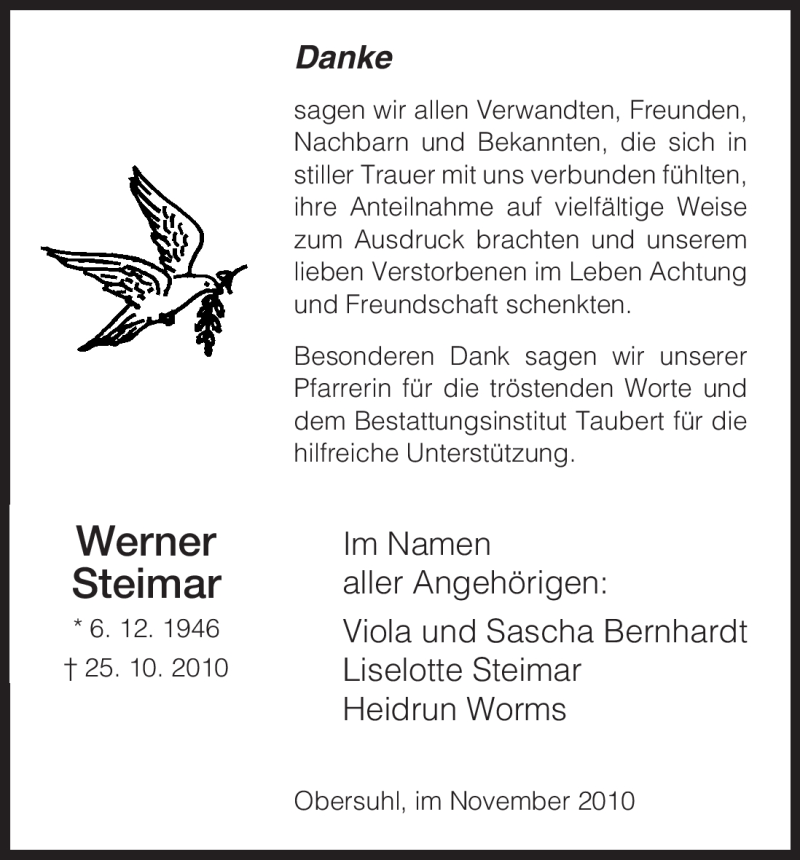 Traueranzeigen von Werner Steimar | Trauer.HNA.de