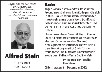 Traueranzeigen von Alfred Stein | Trauer.HNA.de