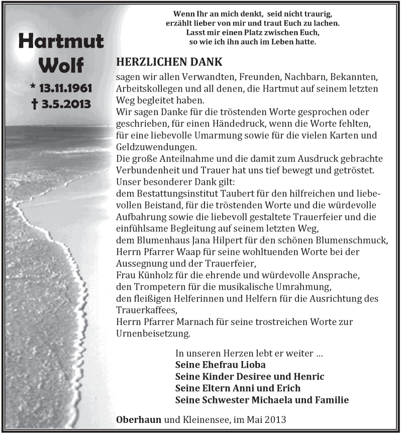 Traueranzeigen von Hartmut Wolf | Trauer.HNA.de