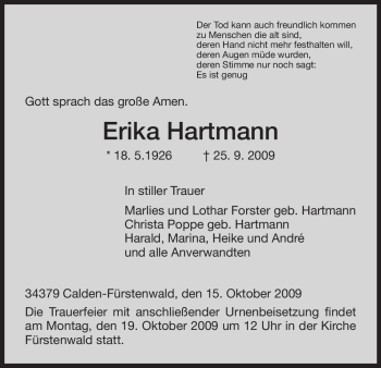 Traueranzeigen von Erika Hartmann | Trauer.HNA.de