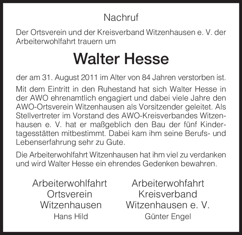 Traueranzeigen von Walter Hesse | Trauer.HNA.de