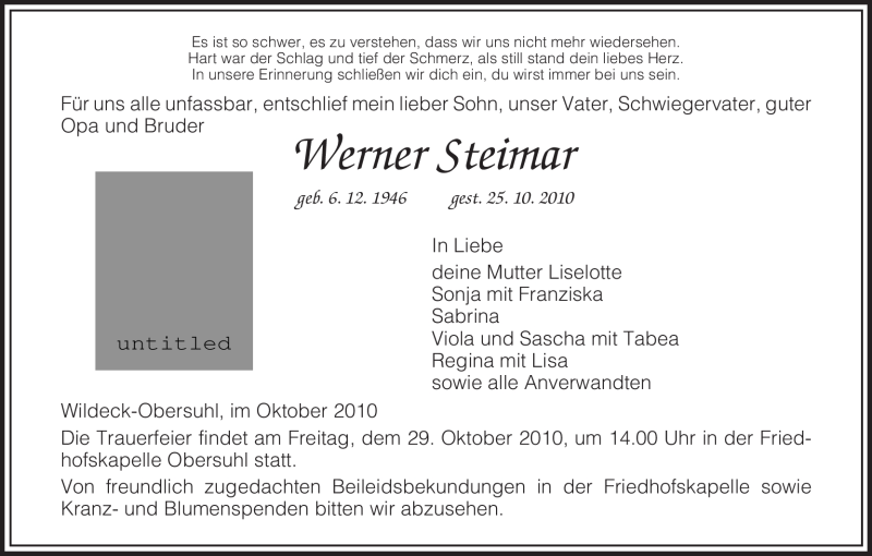 Traueranzeigen von Werner Steimar | Trauer.HNA.de