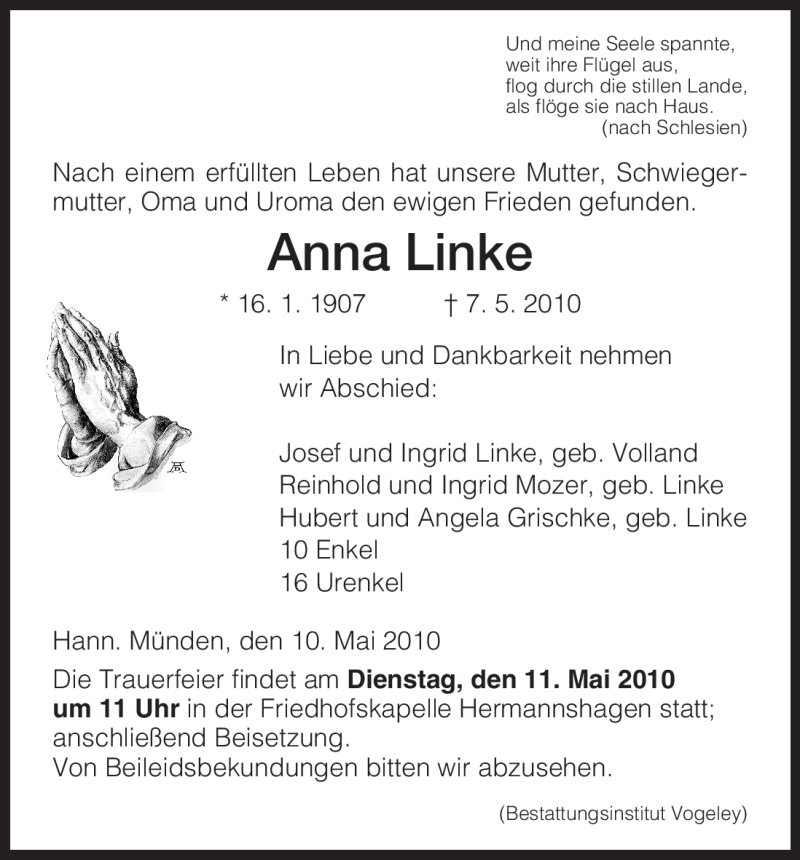 Traueranzeigen von Anna Linke | Trauer.HNA.de