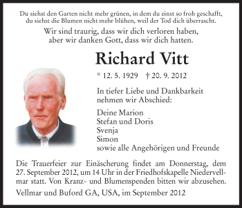 Traueranzeigen von Richard Vitt | Trauer.HNA.de