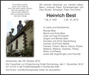 Traueranzeigen von Heinrich Best | Trauer.HNA.de