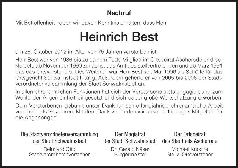 Traueranzeigen von Heinrich Best | Trauer.HNA.de