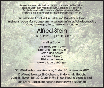 Traueranzeigen von Alfred Stein | Trauer.HNA.de
