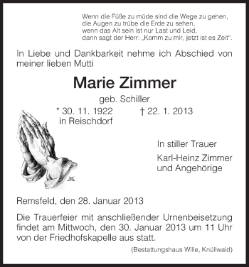 Traueranzeigen von Marie Zimmer | Trauer.HNA.de