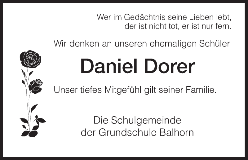 Traueranzeigen von Daniel Dorer | Trauer.HNA.de