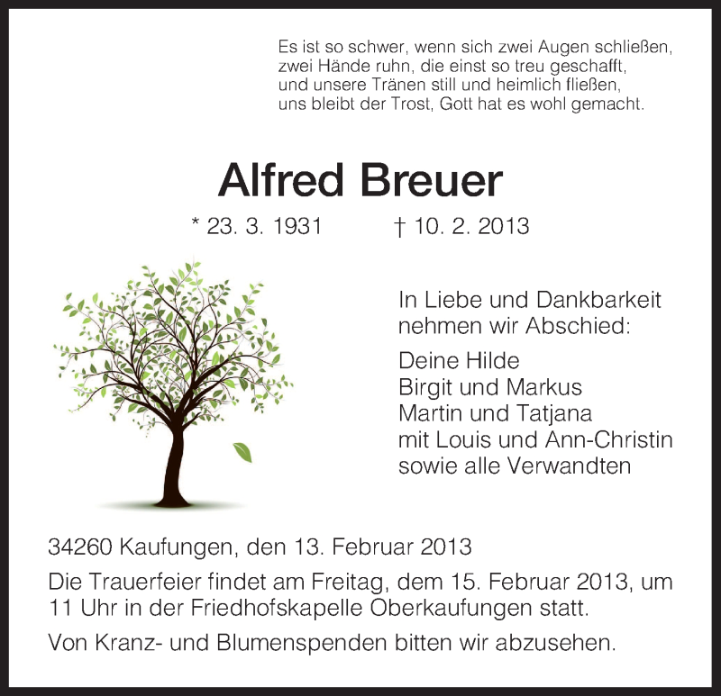 Traueranzeigen von Alfred Breuer | Trauer.HNA.de