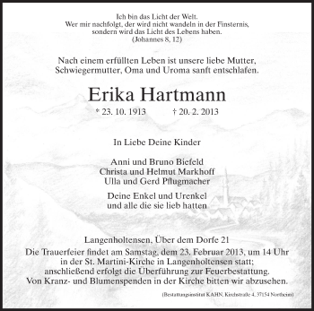 Traueranzeigen von Erika Hartmann | Trauer.HNA.de