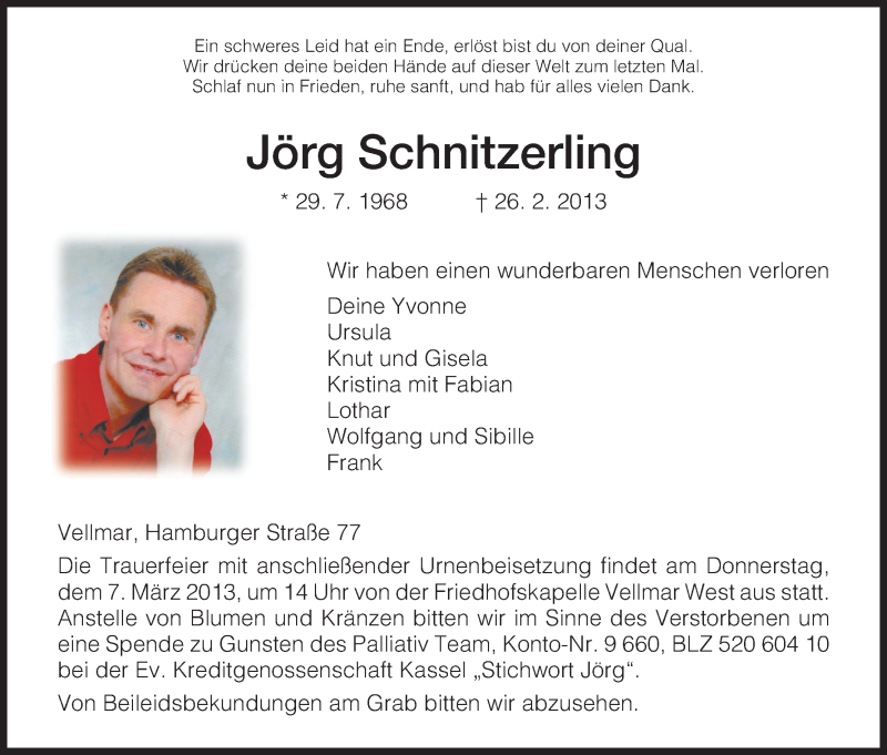 Traueranzeigen von Jörg Schnitzerling | Trauer.HNA.de