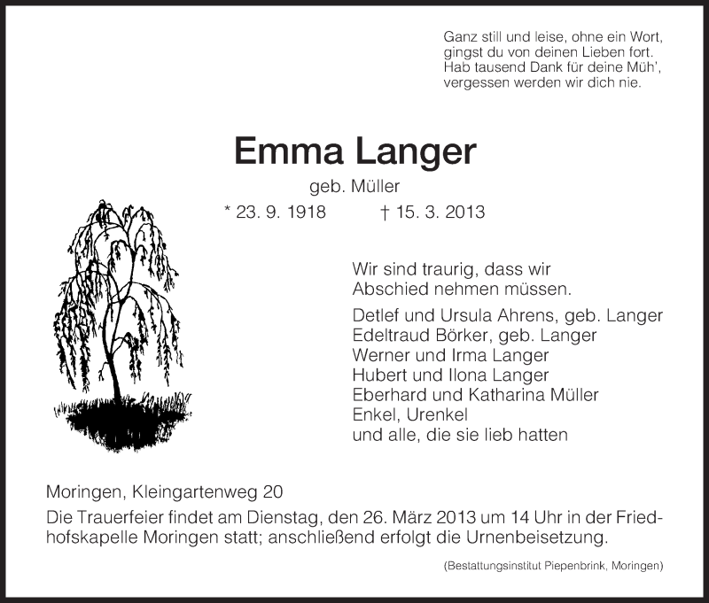 Traueranzeigen von Emma Langer | Trauer.HNA.de