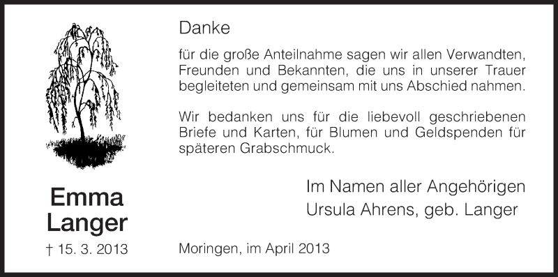 Traueranzeigen von Emma Langer | Trauer.HNA.de