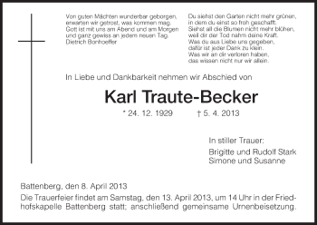 Traueranzeigen von Karl Traute-Becker | Trauer.HNA.de