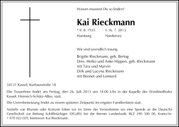 Traueranzeigen von Kai Rieckmann | Trauer.HNA.de