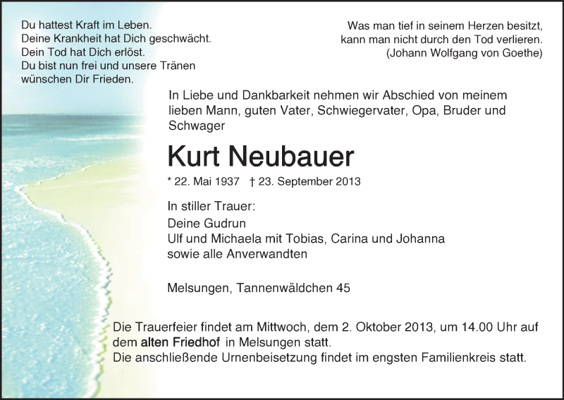 Traueranzeigen von Kurt Neubauer | Trauer.HNA.de