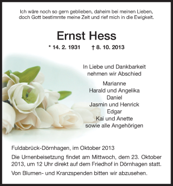 Traueranzeigen von Ernst Hess | Trauer.HNA.de